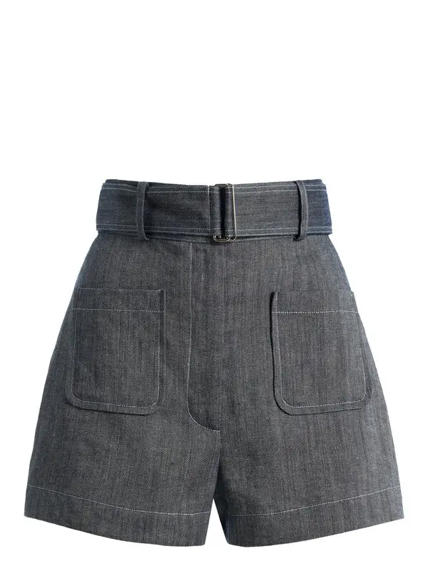 Matthew Bruch Linen-cotton Denim Belted Shorts - Navy