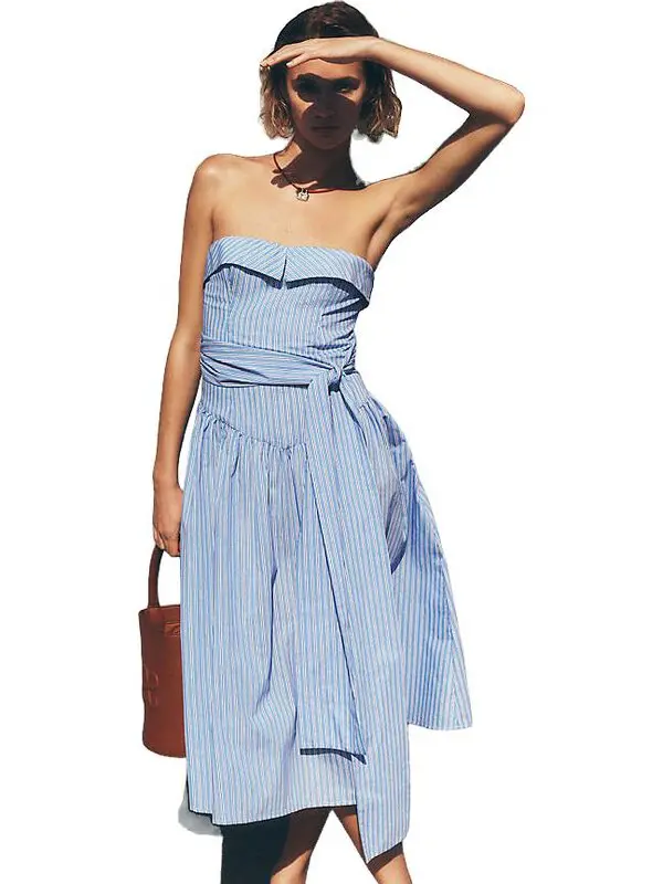 MARE MARE Strapless Shirting Midi Dress - Blue Stripe