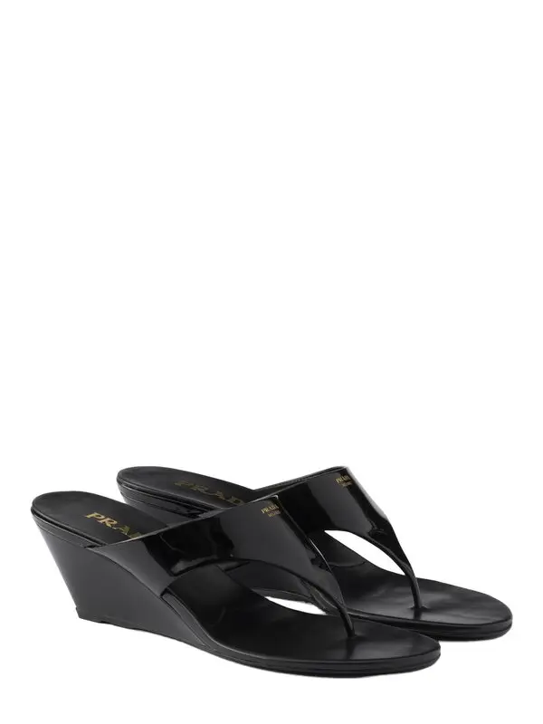 Prada Patent Leather Thong Wedge Sandals - Black