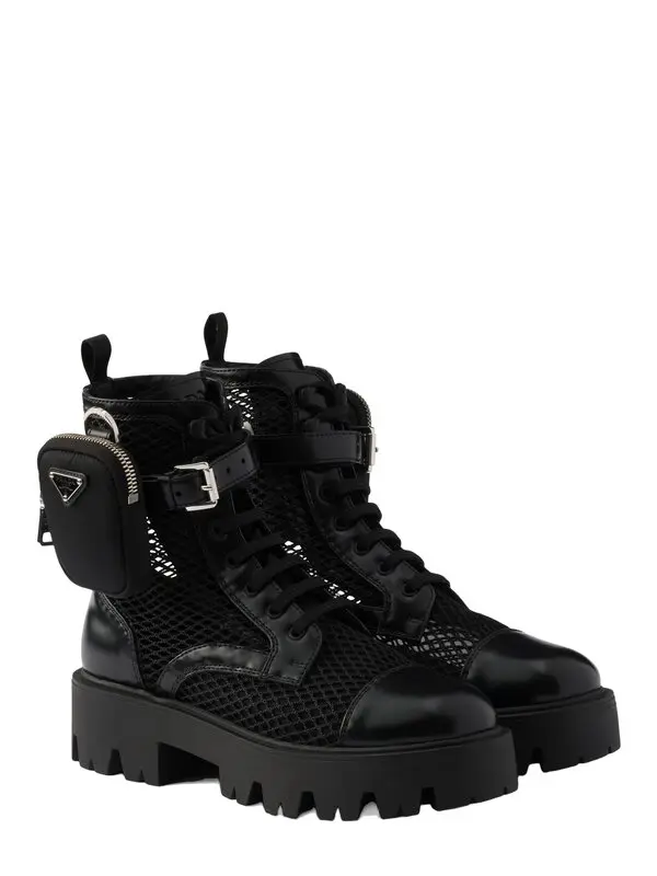 Prada Mesh And Leather Booties With Pouch - Black