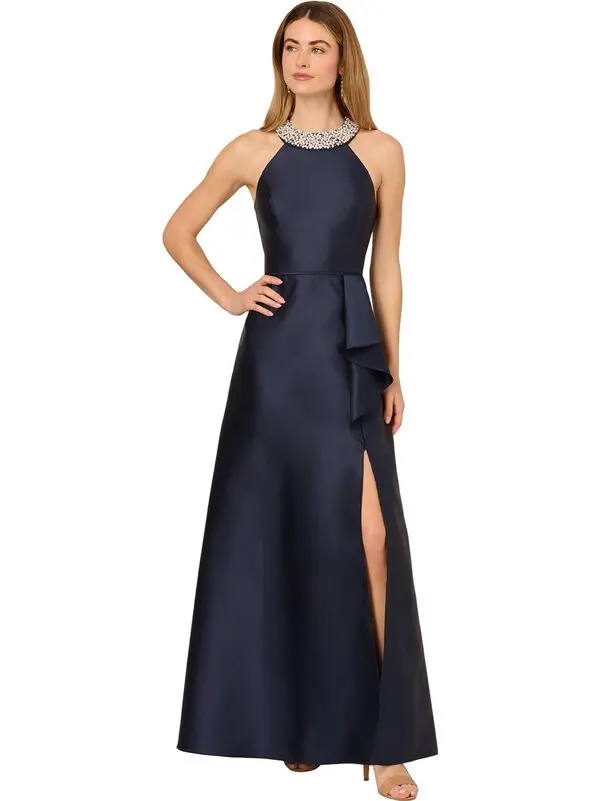 Adrianna Papell Beaded Halter Draped Mikado Gown - Midnight