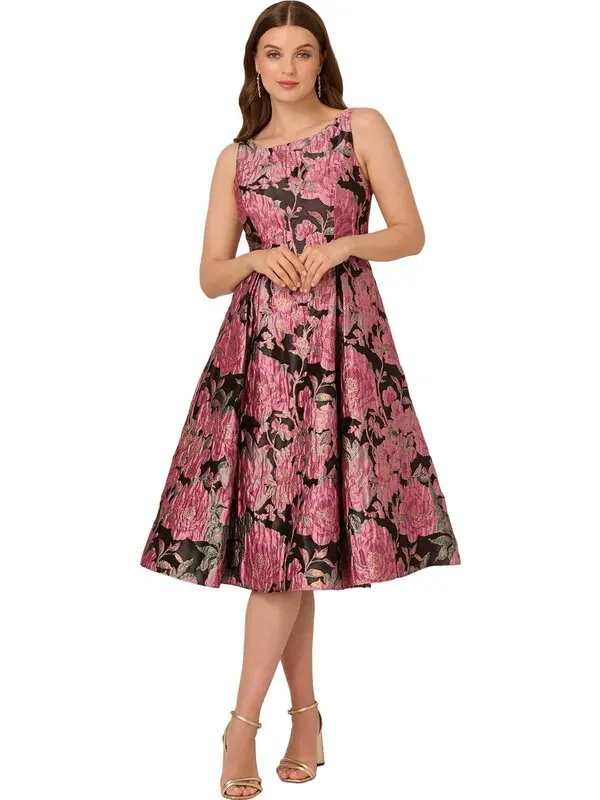 Adrianna Papell Sleeveless Floral Jacquard Midi Dress - Black/pink Multi