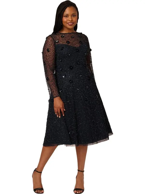 Adrianna Papell Long Sleeve Illusion Floral Beaded Midi Dress - Midnight