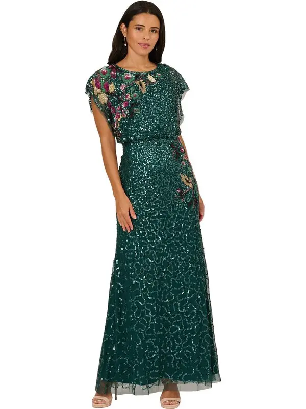 Adrianna Papell Floral Beaded Mermaid Gown - Gem Green