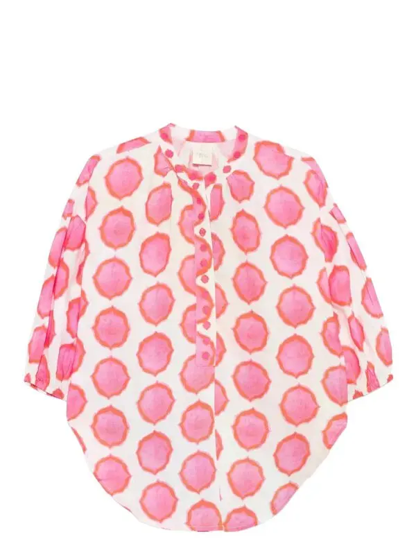 Nimo With Love Geometric-print Band-collar Blouse - Pink