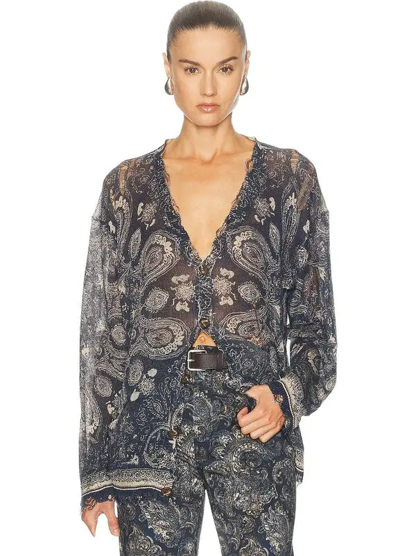 R13 Printed Boyfriend Cardigan - Navy Blue Paisley Floral