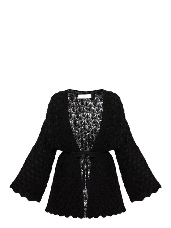 AKEP Open-knit Tie-waist Cardigan - Black