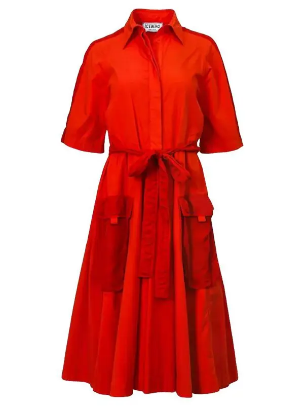 Iceberg Patch-pocket Belted Shirt Dress - Red