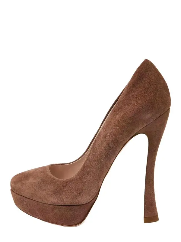 Miu Miu Suede Platform High Stiletto Heel Round Toe Pumps - Brown