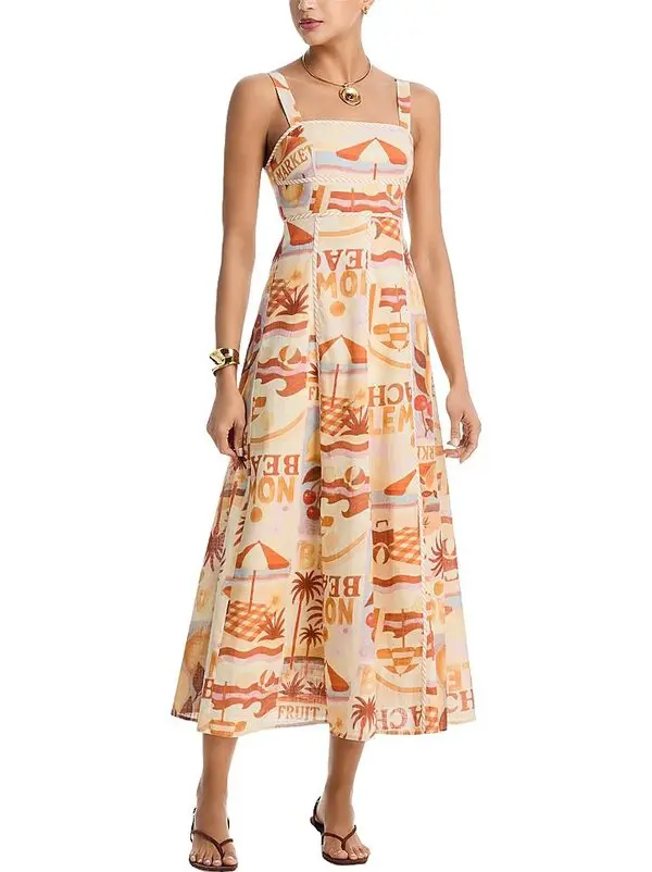 Moon River Square Neck Printed Midi Dress - Ivory Multi