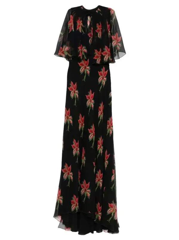 Valentino Garavani Floral-print Cape-sleeve Dress - Black