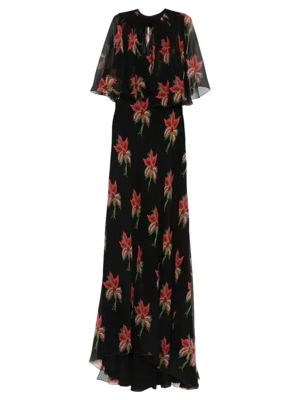 Valentino Garavani Floral-print Cape-sleeve Dress - Black
