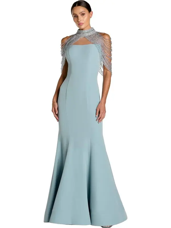 Mac Duggal Crepe Mermaid Gown With Crystal Draping - French Blue