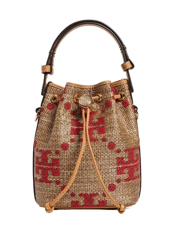Tory Burch T Monogram Straw Mini Bucket Bag - Natural