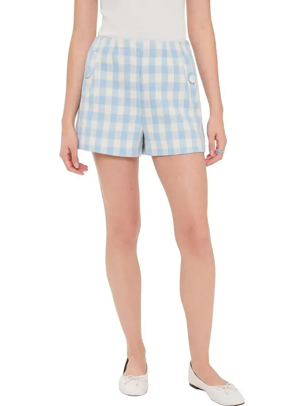 Endless Rose Tweed Gingham Shorts With Button Detail - Powder Blue