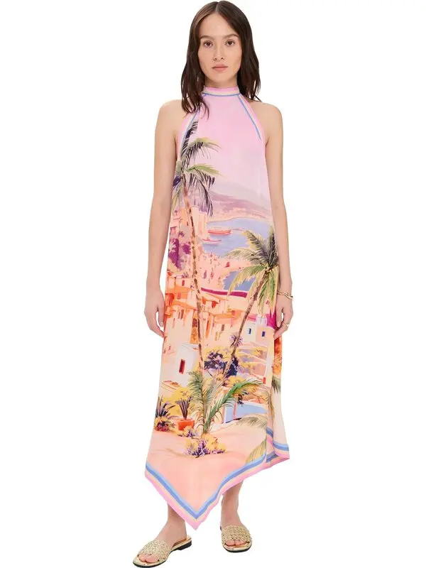 L'Agence Elise Postcard Print Halter Midi Dress - Multi