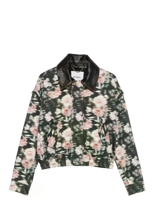HALFBOY Floral-print Bomber Jacket With Leather Collar - Black