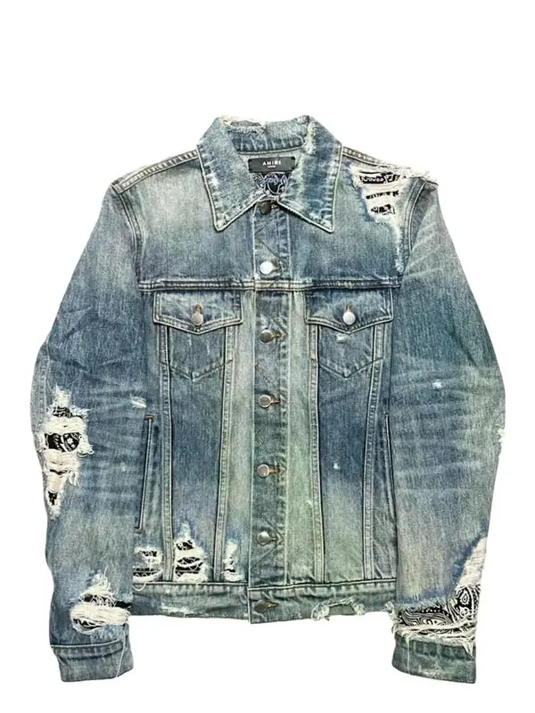 Amiri Bandana-print Distressed Denim Jacket - Blue