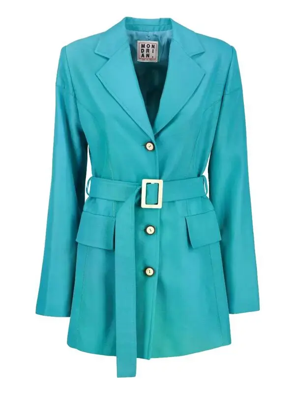 MONDRAIN Belted Button-up Long Blazer - Blue