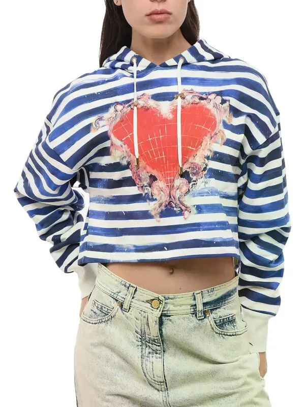 Balmain Heart-print Striped Hoodie - Blue