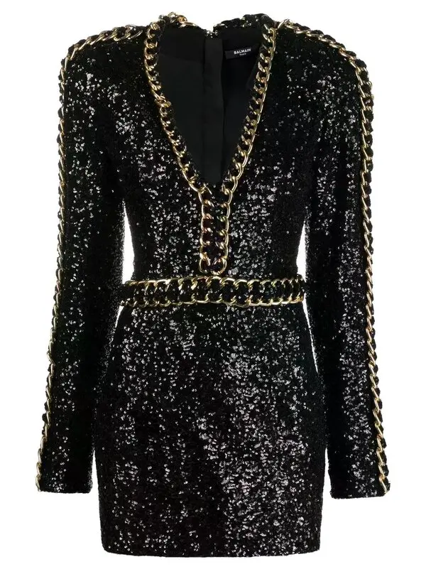Balmain Chain-trim Sequin Dress - Black