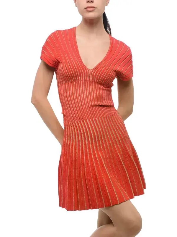 Balmain Pleated V-neck Dress - Red