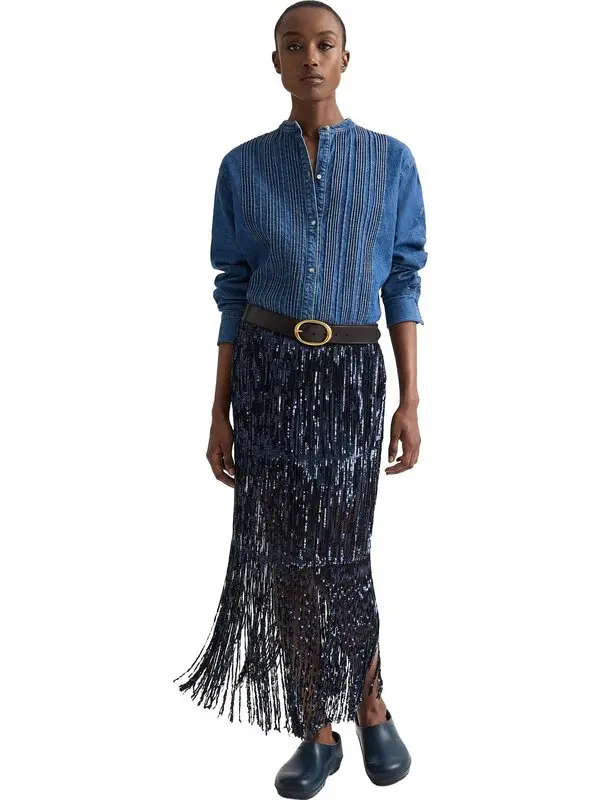 TWP Laurel Fringe Sequin Midi Skirt - Dark Blue / Midnight