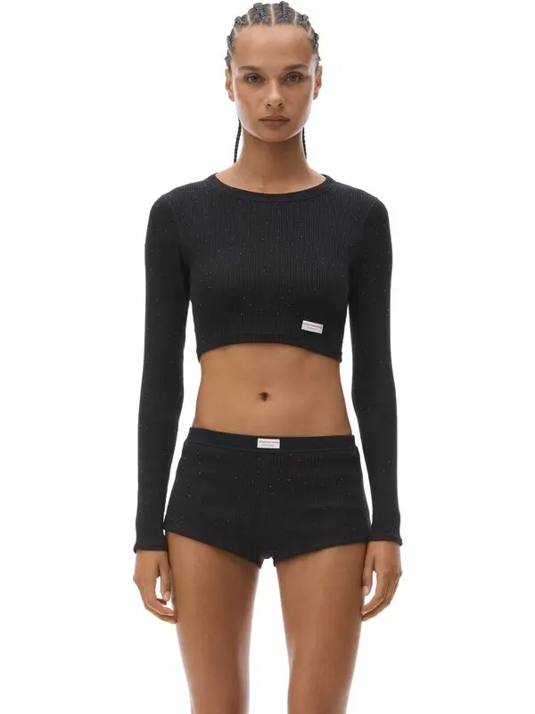 Alexander Wang Crystal Hotfix Cropped Long Sleeve Tee - Black