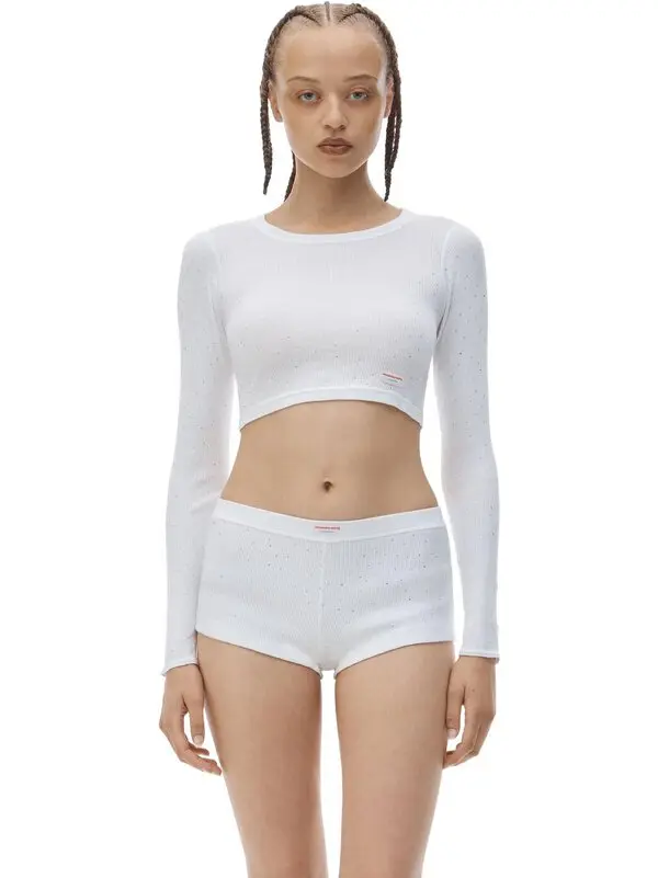 Alexander Wang Crystal Hotfix Cropped Long-sleeve Tee - White