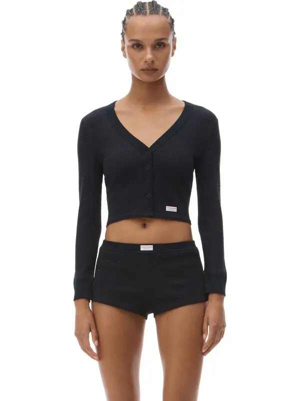 Alexander Wang Crystal Hotfix Long-sleeve Waffle-knit Cardigan - Black