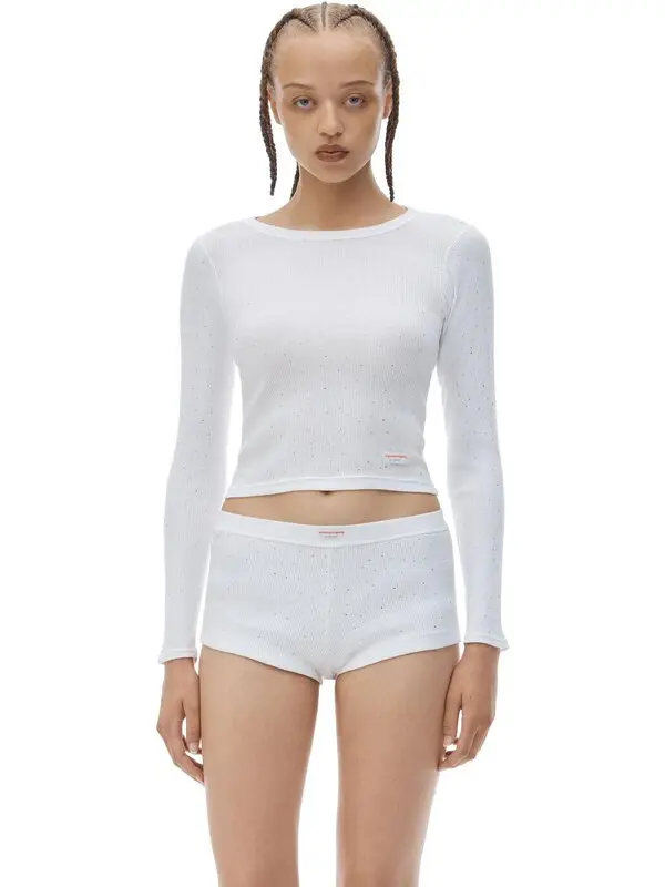 Alexander Wang Crystal Hotfix Long Sleeve Crewneck Tee - White