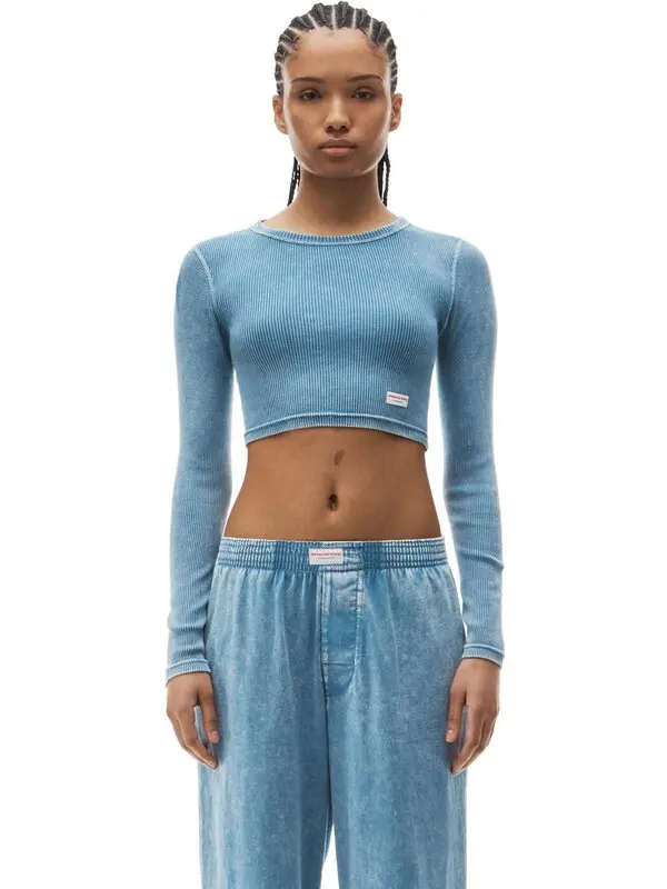 Alexander Wang Cropped Long-sleeve Tee In Ribbed Cotton - Washed Blue