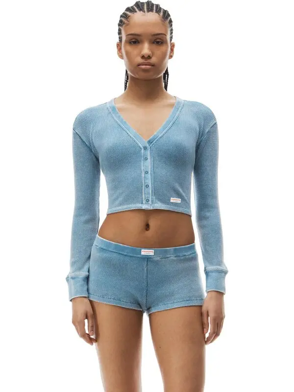 Alexander Wang Cardigan In Waffle-knit Cotton Stretch - Washed Blue