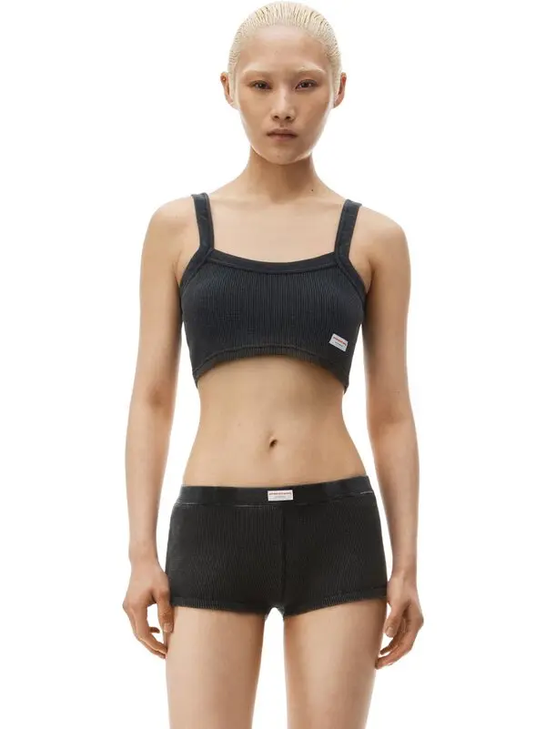 Alexander Wang Cropped Camisole In Waffle-knit Cotton Stretch - Washed Black