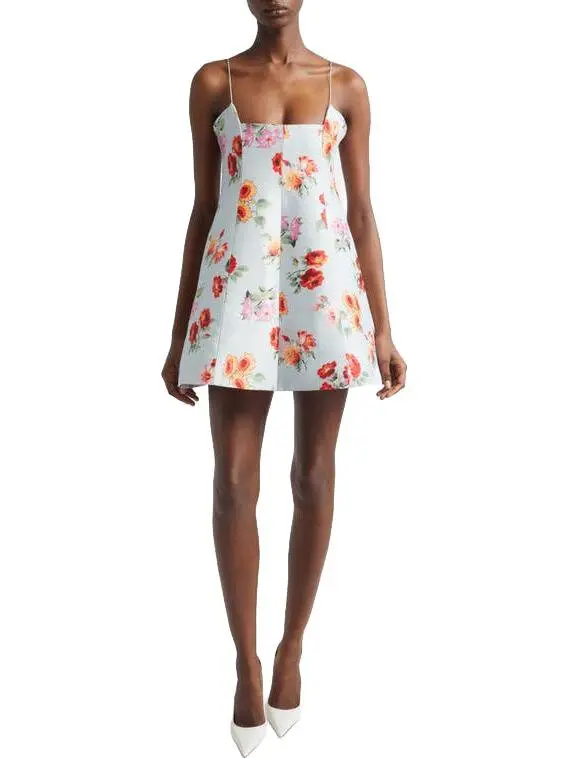 Brandon Maxwell The Zinnia Floral Virgin Wool & Silk Faille Trapeze Minidress - Light Blue Floral