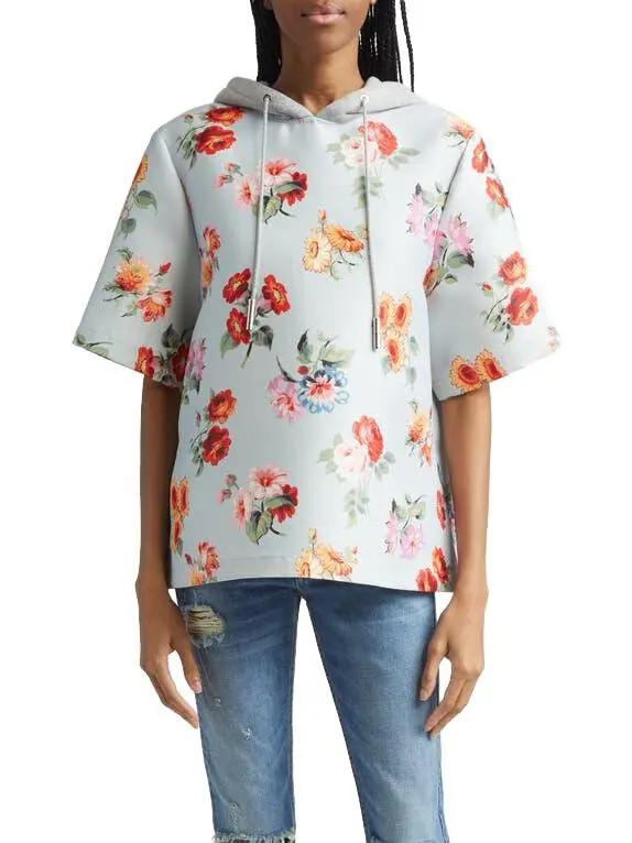 Brandon Maxwell The Aine Floral Short-sleeve Wool & Silk Faille Hoodie - Light Blue Floral