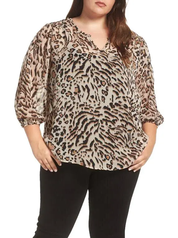 Wit & Wisdom Animal Print Split Neck Blouse - Tan Black