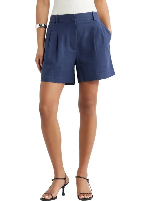 OPEN EDIT Pleated Linen Blend Shorts - Navy Indigo