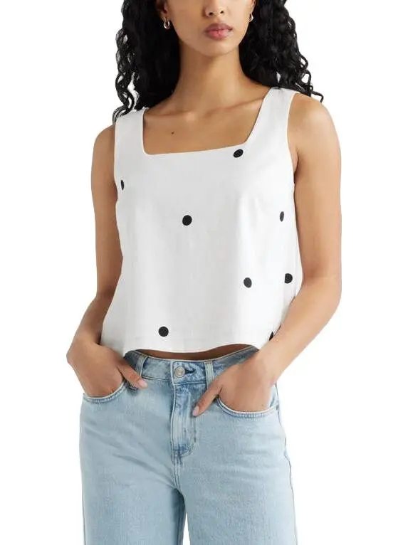 OPEN EDIT Sleeveless Linen Blend Top - White- Black Grande Dot