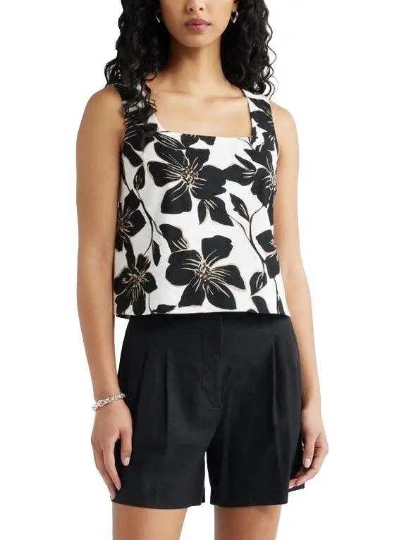 OPEN EDIT Sleeveless Linen Blend Top - White- Black Trop Bloom