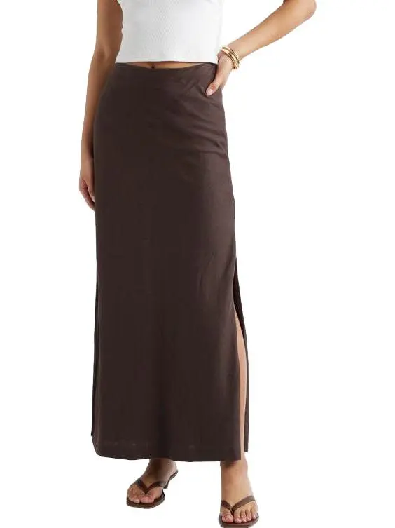 OPEN EDIT Linen Blend Column Maxi Skirt - Brown Seal
