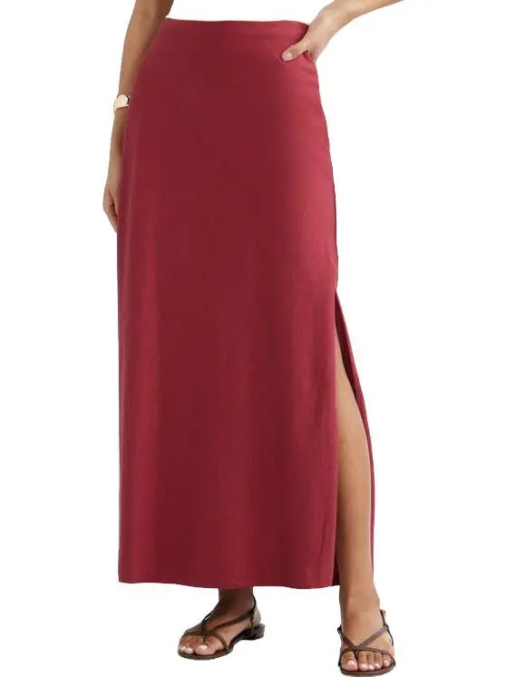OPEN EDIT Linen Blend Column Maxi Skirt - Red Ruby