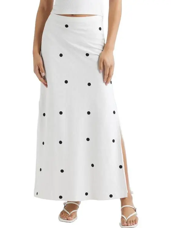 OPEN EDIT Linen Blend Column Maxi Skirt - White- Black Grande Dot