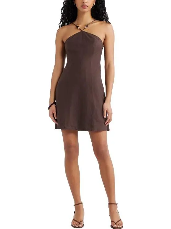 OPEN EDIT Halter Neck Linen Blend Mini Dress - Brown Seal