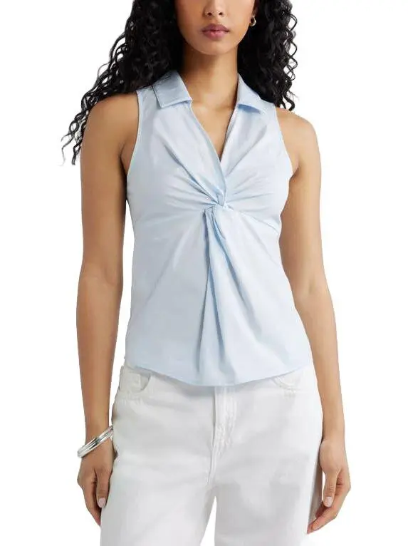 OPEN EDIT Cotton Poplin Top With Twist Front - Blue Breeze