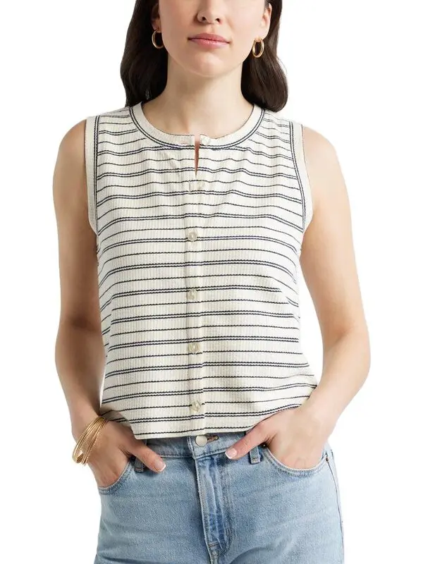 Caslon Stripe Rib Button-up Top - Ivory- Navy Stripe