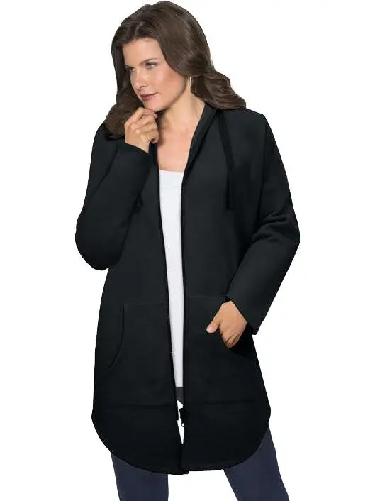 Roaman's Fleece Zip Hoodie Sweatshirt With Shirttail Hem - Black