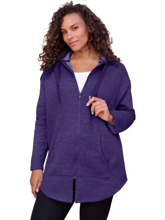 Roaman's Fleece Zip Hoodie Sweatshirt With Shirttail Hem - Midnight Violet