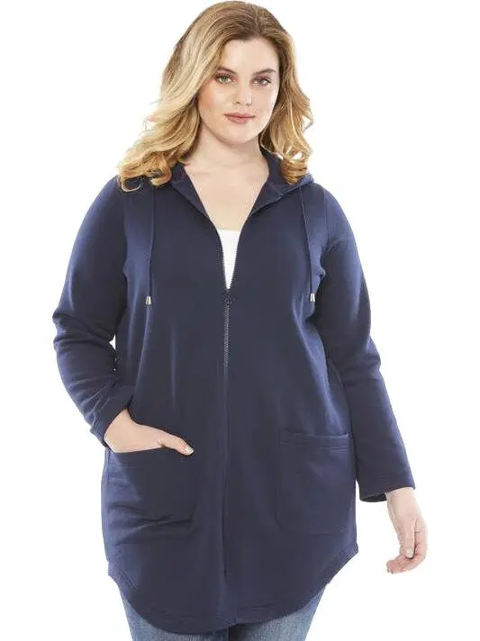 Roaman's Fleece Zip Hoodie Sweatshirt With Shirttail Hem - Navy