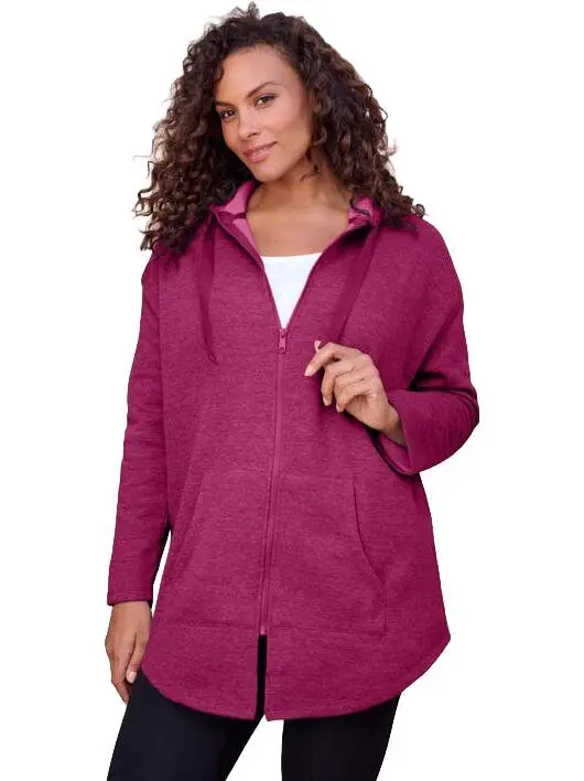 Roaman's Fleece Zip Hoodie Sweatshirt With Shirttail Hem - Raspberry